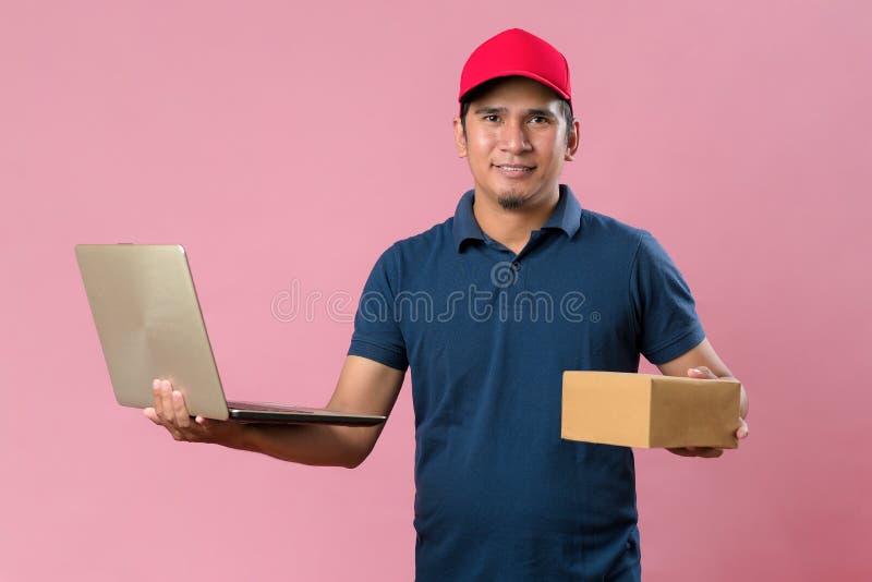 Delivery Man Holding Laptop and Package Parcels Box Stock Photo - Image ...