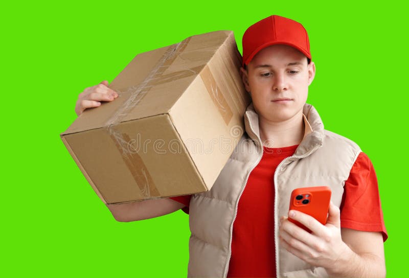Delivery Man Holding Package and Using Smartphone on Chroma Key ...