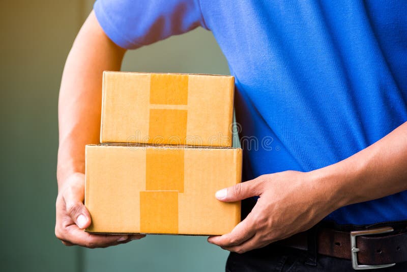 Blue Delivery Man Holding Parcel Card Box. Stock Image - Image of asian ...