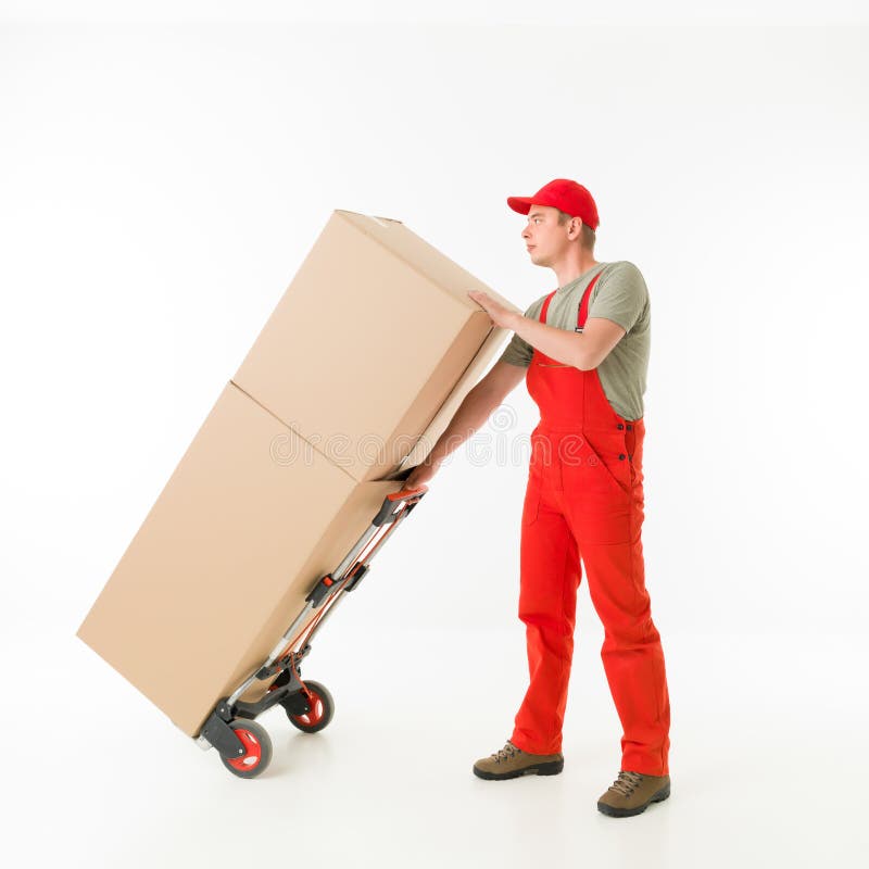 Delivery Man Pushing Hand Truck Stack Boxes Stock Photos - Free ...