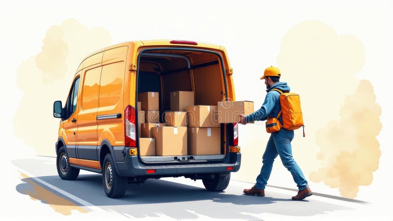 Delivery Man Loading Cardboard Boxes into Van Stock Illustration ...