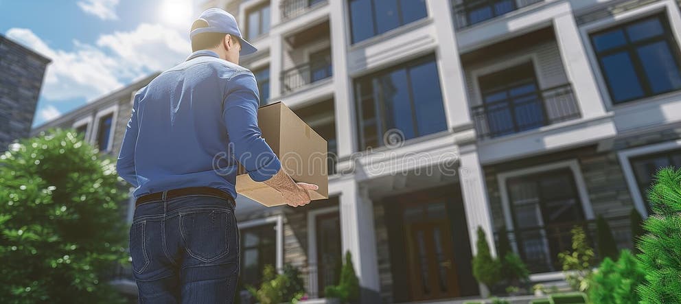 Delivery Man at Modern House in Sunlight, Carrying Secured Box ...