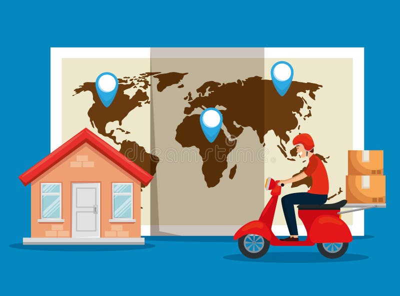 Delivery Man with Motorcycle and Boxes with Global Map Stock ...