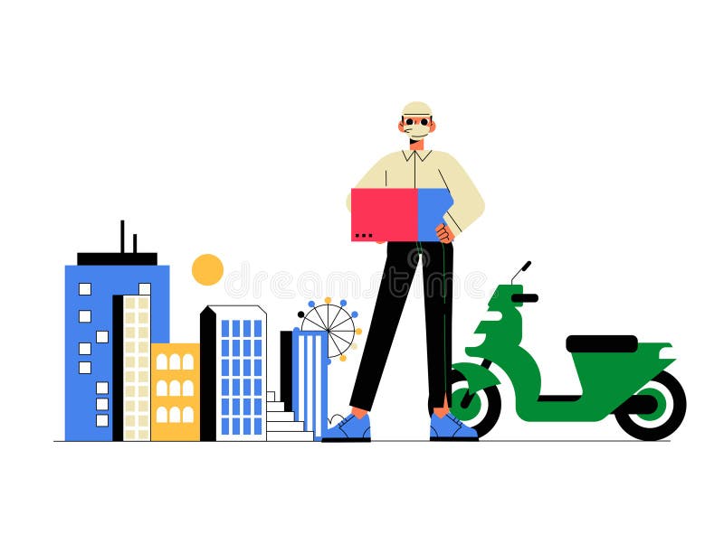 Delivery Man with Package in Cityscape in Flat Vector Illustration ...