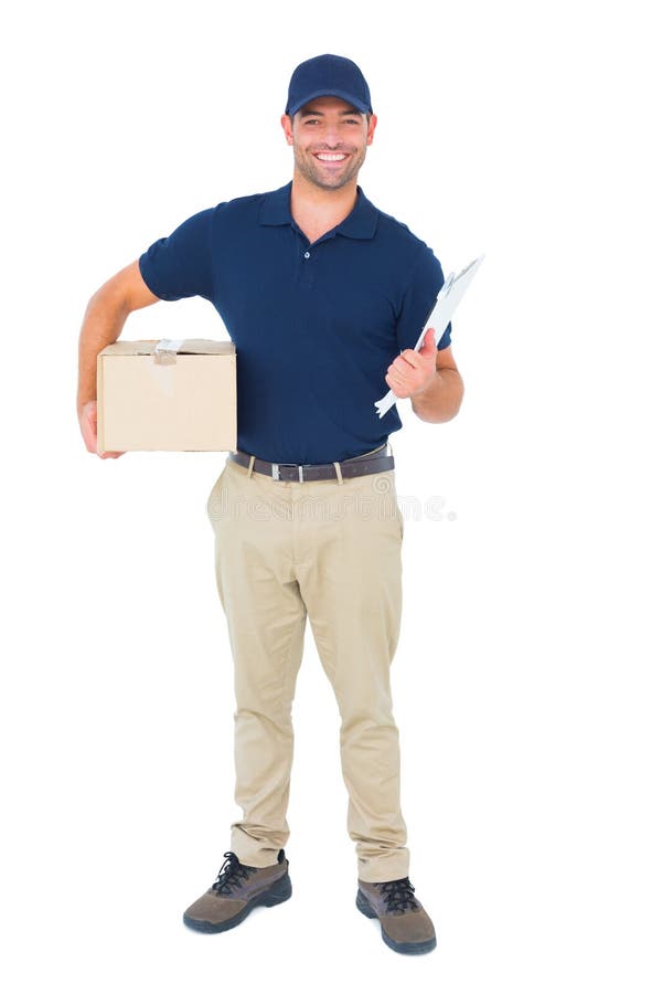 Delivery Man with Package Giving Clipboard for Signature Stock Photo ...