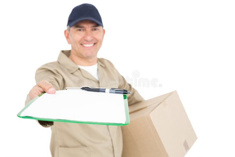 Delivery Man with Package Giving Clipboard for Signature Stock Image ...