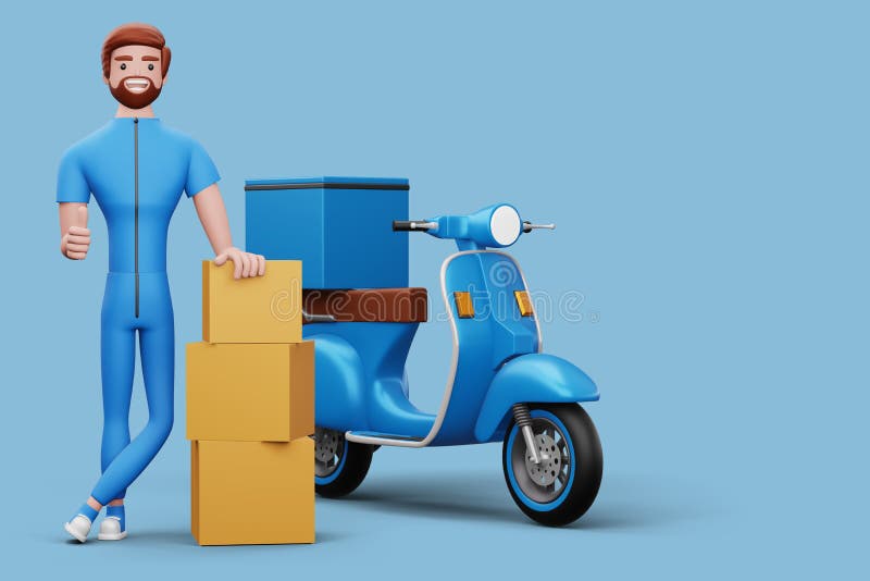 Delivery Man with Parcel Box and a Motorcycle, 3d Rendering Stock ...