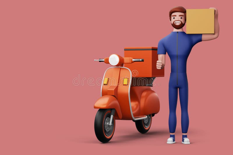 Delivery Man with Parcel Box and a Motorcycle, 3d Rendering Stock ...