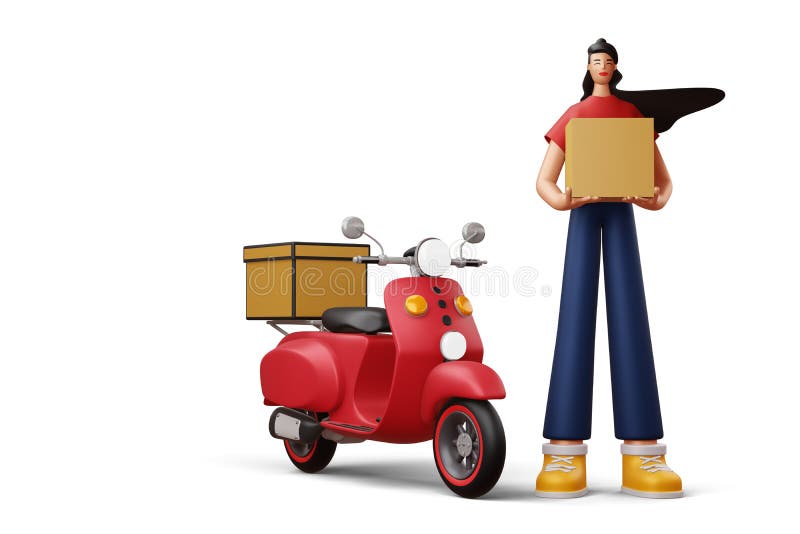 Delivery Man with Parcel Box and a Motorcycle, 3d Rendering Stock ...