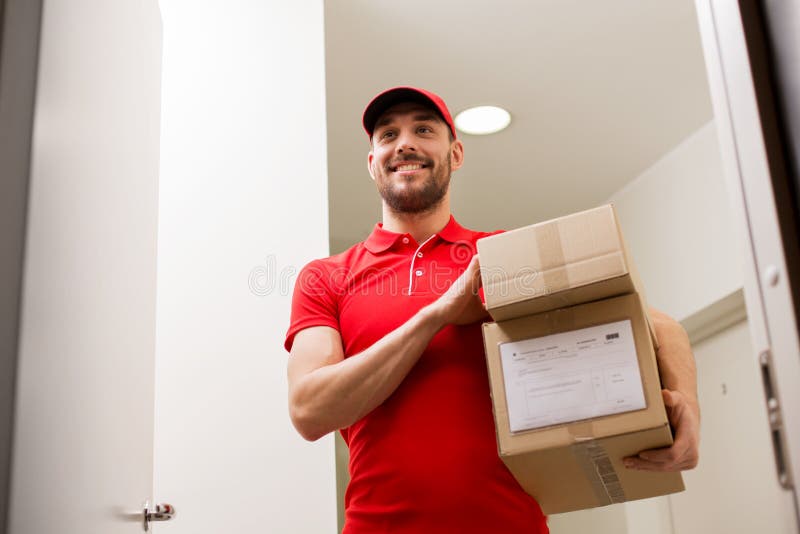 Delivery Man with Parcel Boxes at Customer Door Stock Image - Image of ...