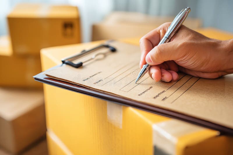 Delivery Man Prepares Parcel Shipping Forms in a Home Office Setting ...