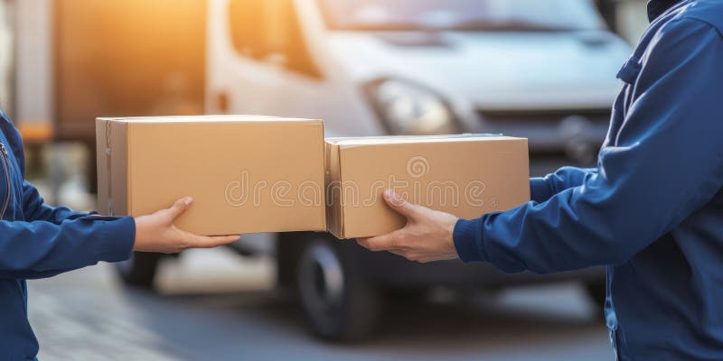 A Delivery Man Skillfully Hands a Package To Another Delivery Man Stock ...