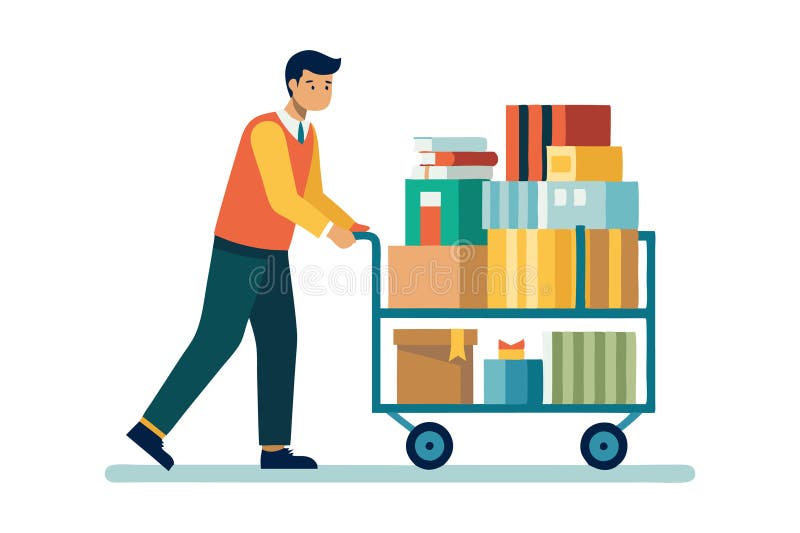 Delivery Man Pushing a Cart with Boxes Stock Vector - Illustration of ...