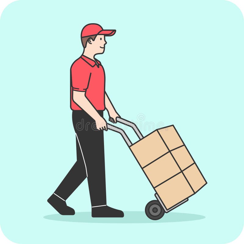 Delivery Man Pushing a Cart , 2D Character Activity, Illustration ...