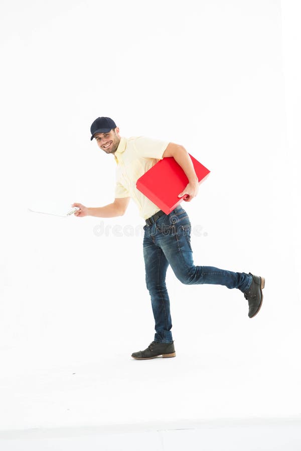 Delivery Man with Red Box Running on White Background Stock Photo ...