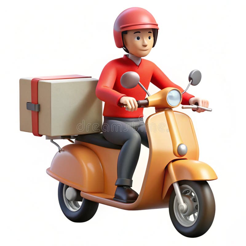 Delivery Man Riding a Motorcycle with a Delivery Box Isolated on White ...
