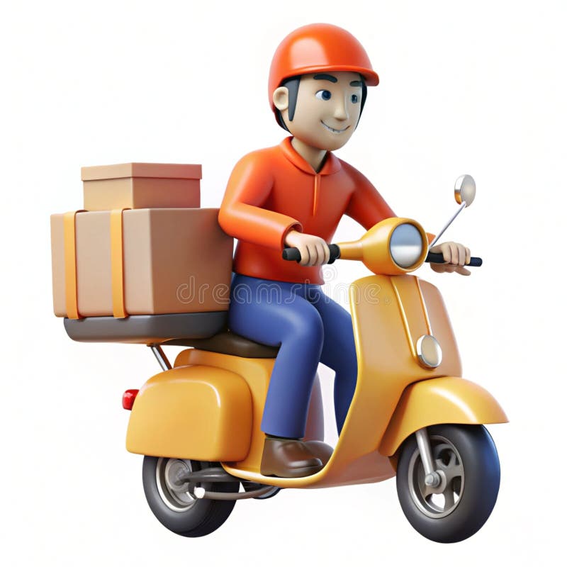 Delivery Man Riding a Motorcycle with a Package Box Isolated on White ...