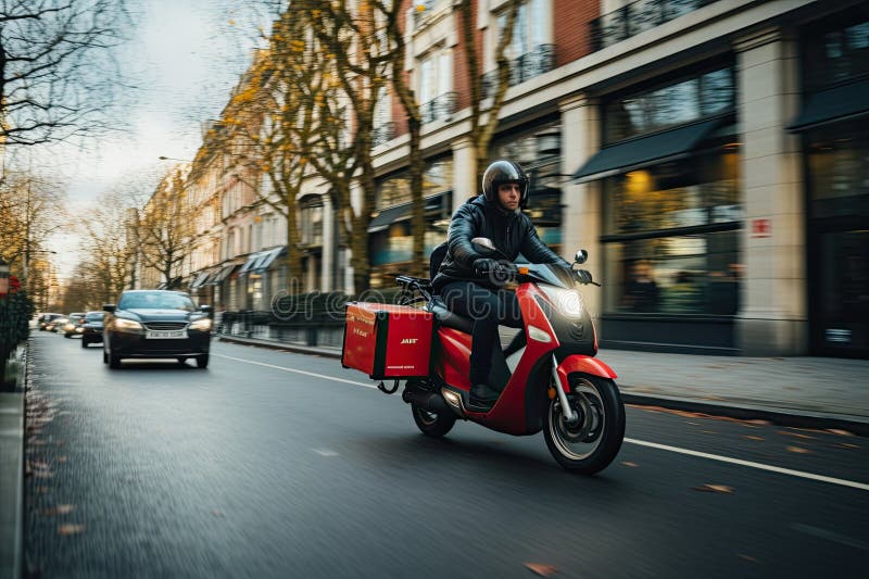 A Delivery Man Riding a Red Motorcycle Down a Street Stock Illustration ...