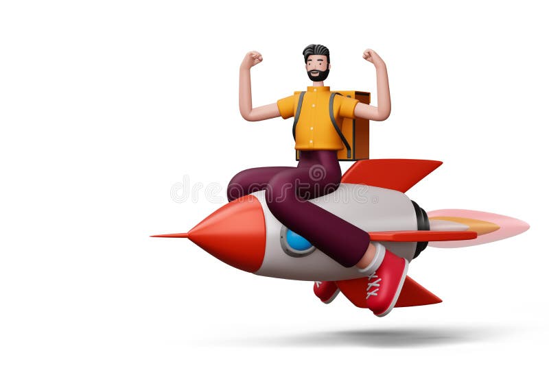 Delivery Man Riding Rocket with Delivery Box, 3d Rendering Stock ...