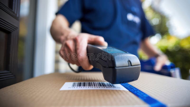 Delivery Man Scanning Barcode on Package with Scanner at Front Door ...