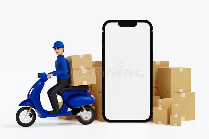 Delivery Man with Scooter and Big Smartphone, Fast Delivery Order in ...