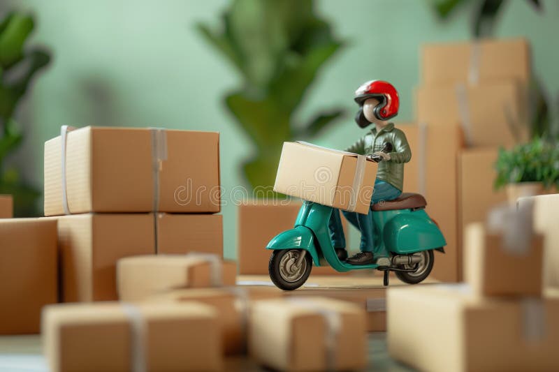 Delivery Man on Scooter with Cardboard Boxes Stock Illustration ...
