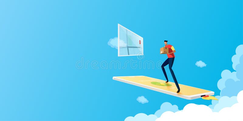 12.Delivery Man Seeing the Location Map on Smartphone on Blue Sky Stock ...