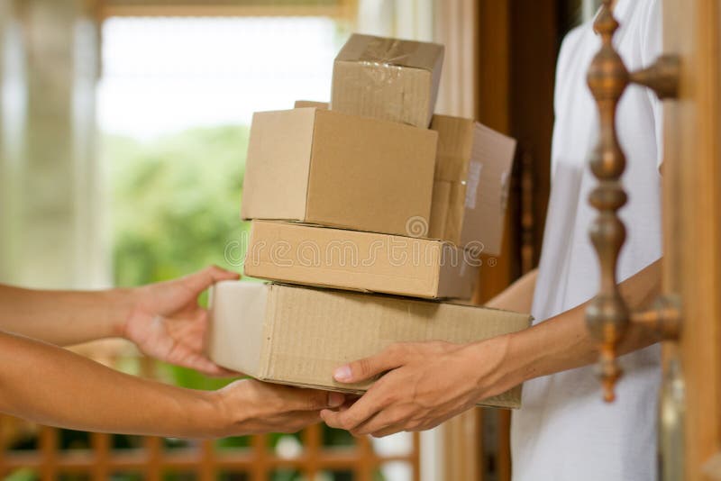 Delivery Man Sending Many Box To Customer at Front Door Stock Photo ...