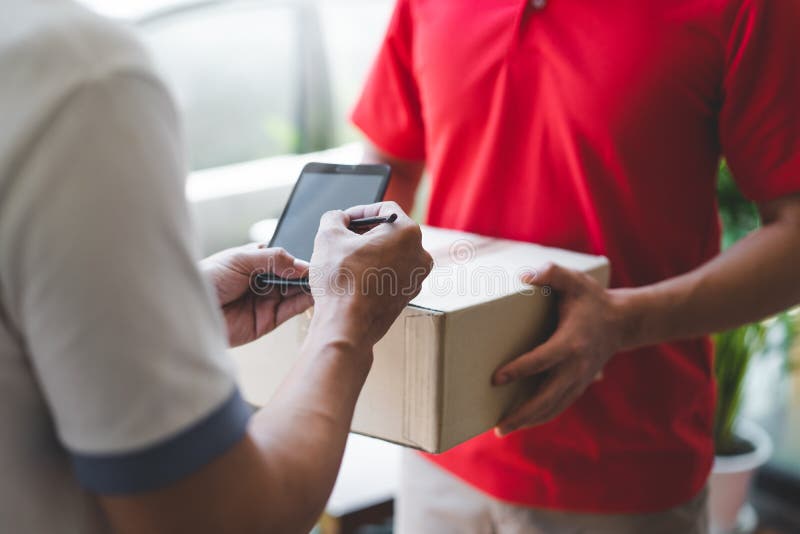 Delivery Man Sending Package To Receiver on Doorway Stock Image - Image ...