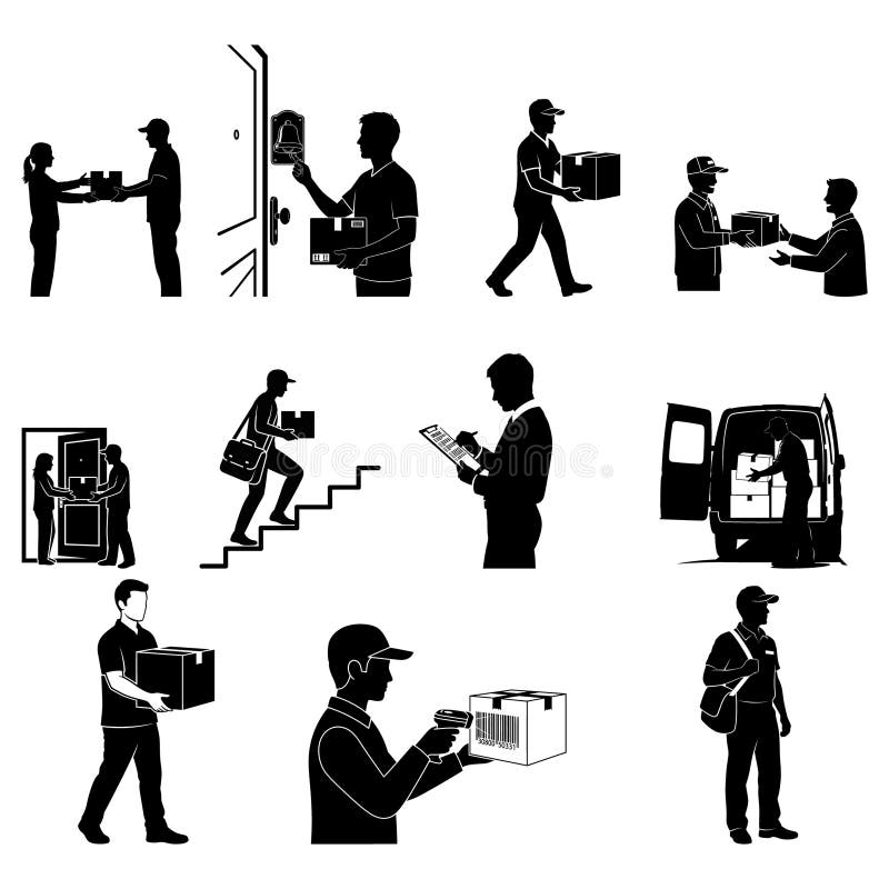 Delivery Man Silhouettes - Courier Service and Logistics Icons Set ...
