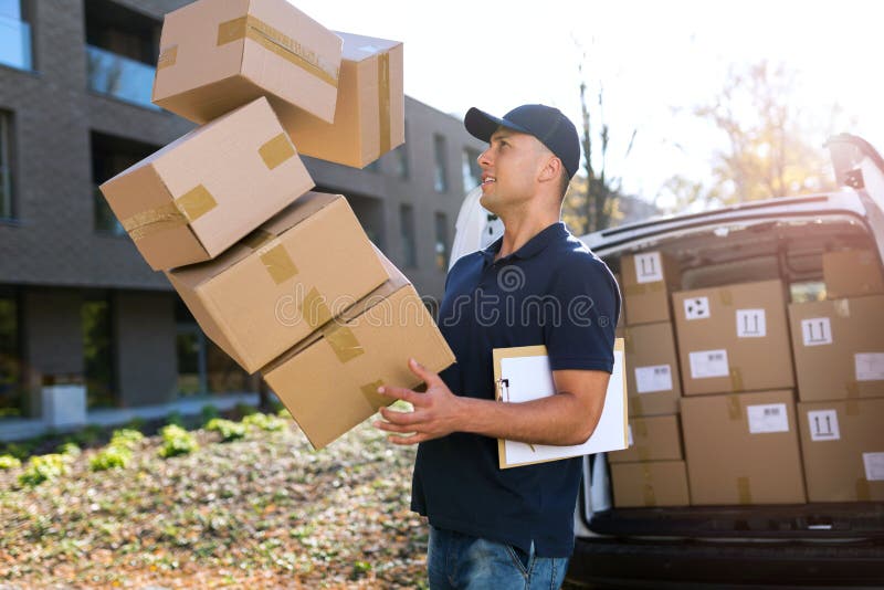 Delivery: Dropping Off Packages Stock Image - Image of happy, front ...