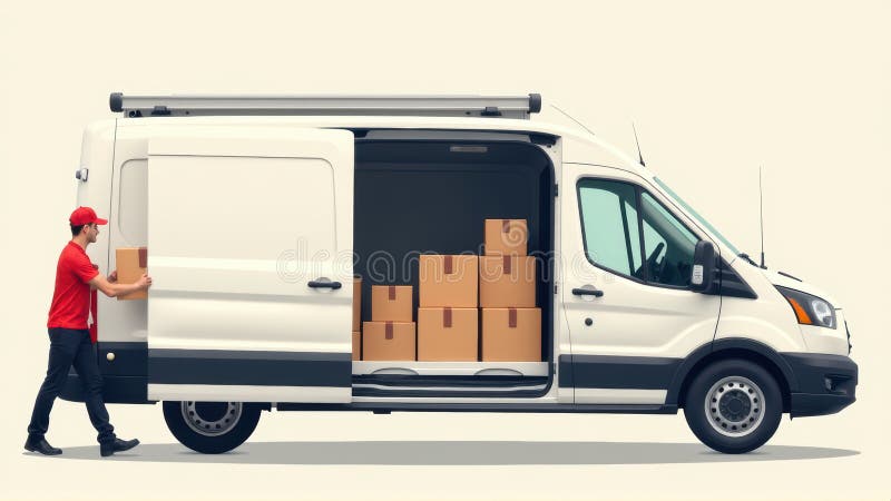 Delivery Man Unloading Cardboard Boxes from White Cargo Van Stock ...