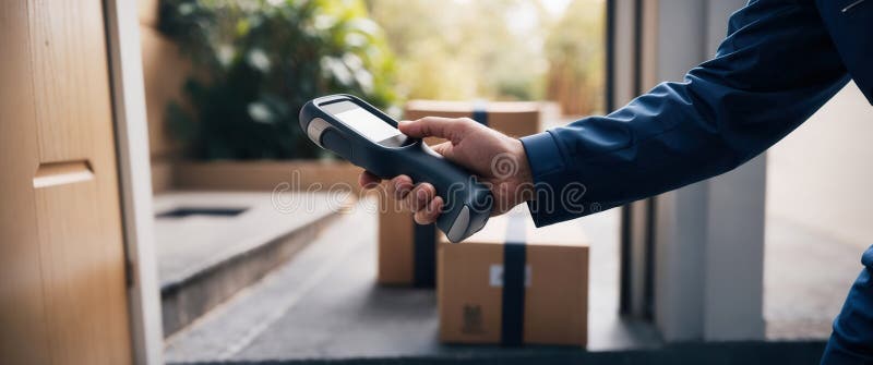 Delivery Man Using Handheld Device Scanning Barcode on Package on ...