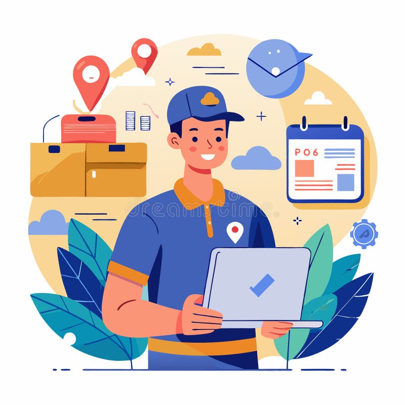Delivery Man Using Laptop for Package Tracking and Schedule Management ...