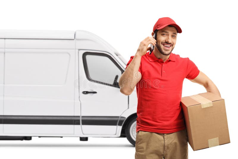 Delivery Man with a Van Using a Mobile Phone and Holding a Package ...