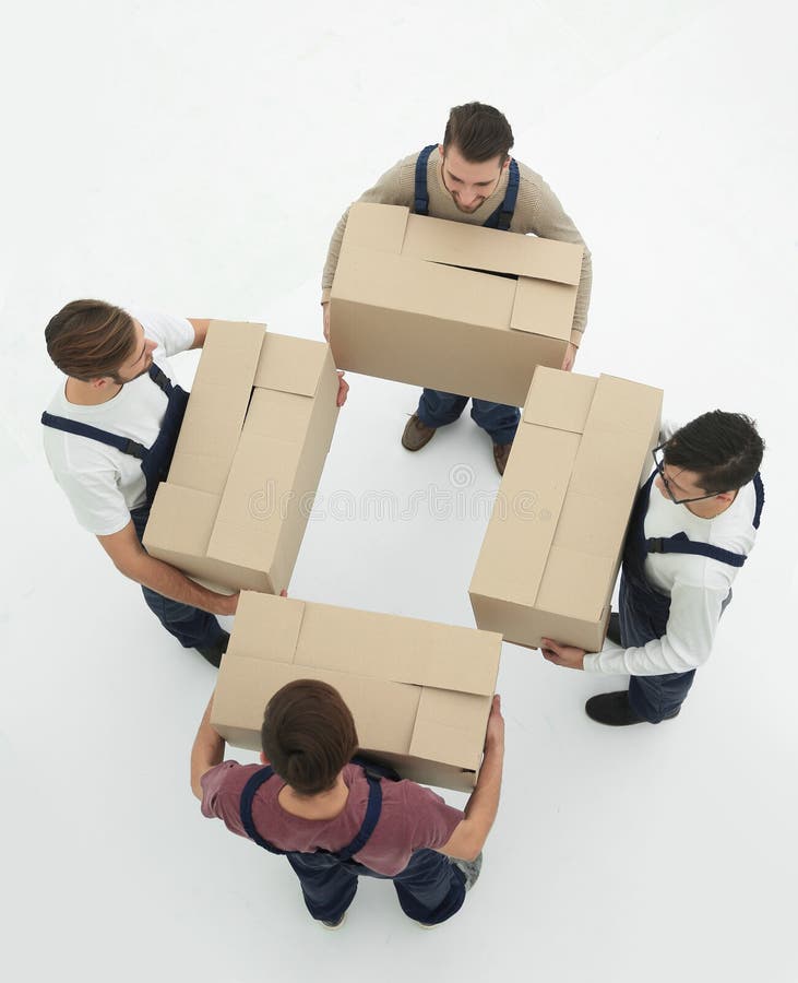 Delivery Men with Cardboard Boxes on White Background. Stock Photo ...