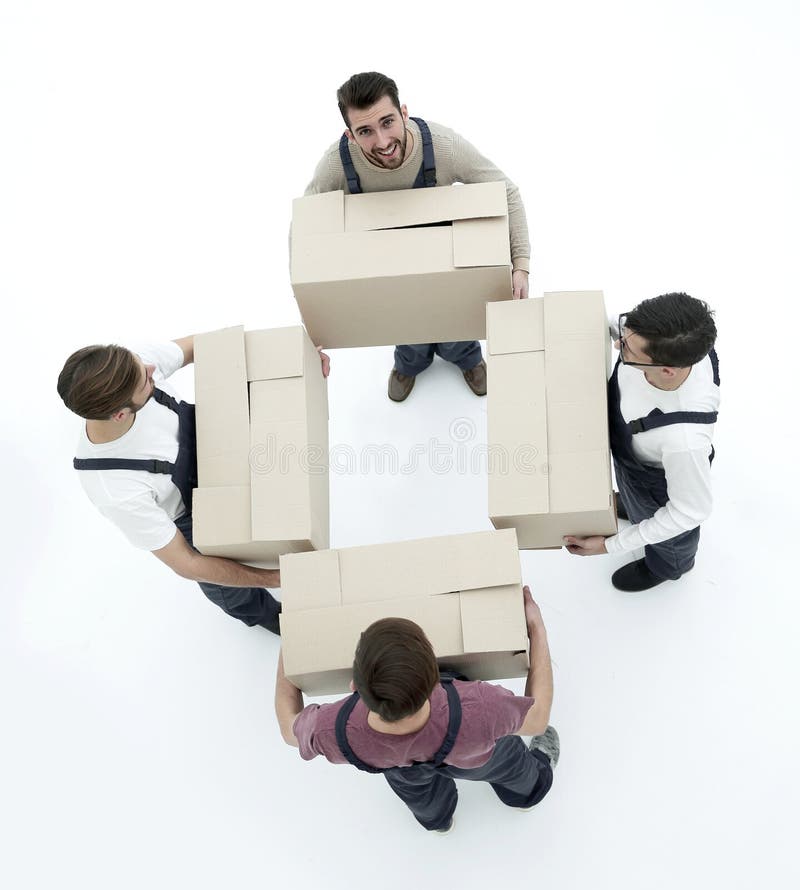 Delivery Men with Cardboard Boxes on White Background. Stock Photo ...