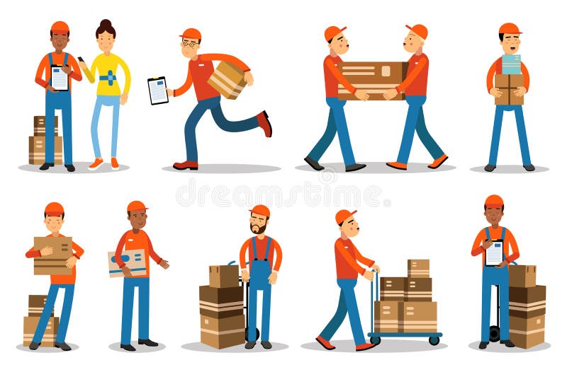 Delivery Men Characters. People Shipping Products Vector Illustrations ...