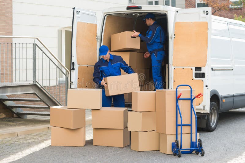 Delivery Men Unloading Boxes on Street Stock Photo - Image of service ...