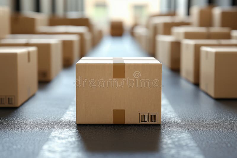 Delivery Package in Warehouse Surrounded by Many Boxes, Showcasing ...