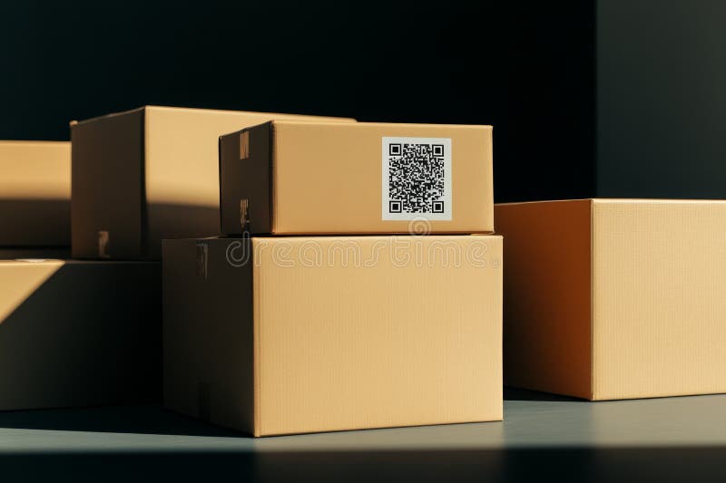 Delivery Packages Stacked Neatly with QR Codes for Inventory Management in a Modern Warehouse ...