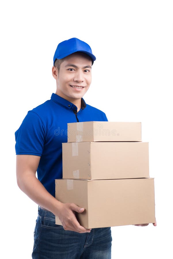 Delivery Person Asian Postman With Parcel Box Stock Image Image Of