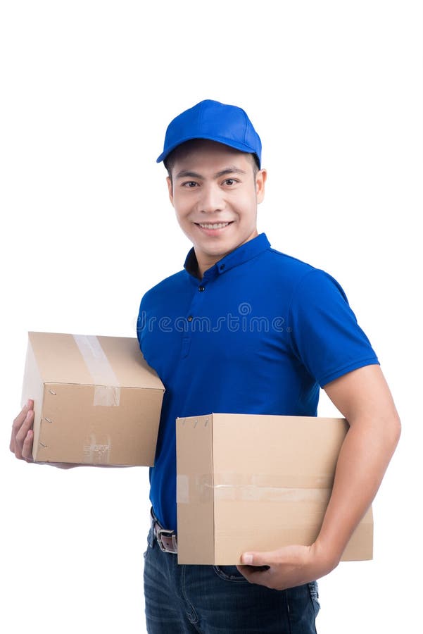 Delivery Person. Asian Postman with Parcel Box Stock Photo - Image of ...