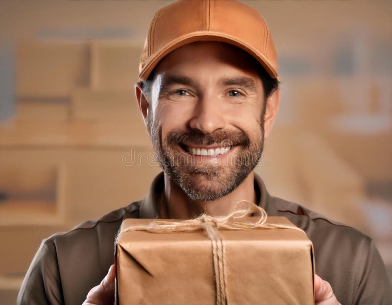 Delivery Person Holding a Package and Smiling, Symbolizing Efficient ...