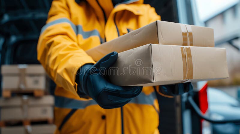 A Delivery Person Stacking Packages in the Back of a Van Stock ...