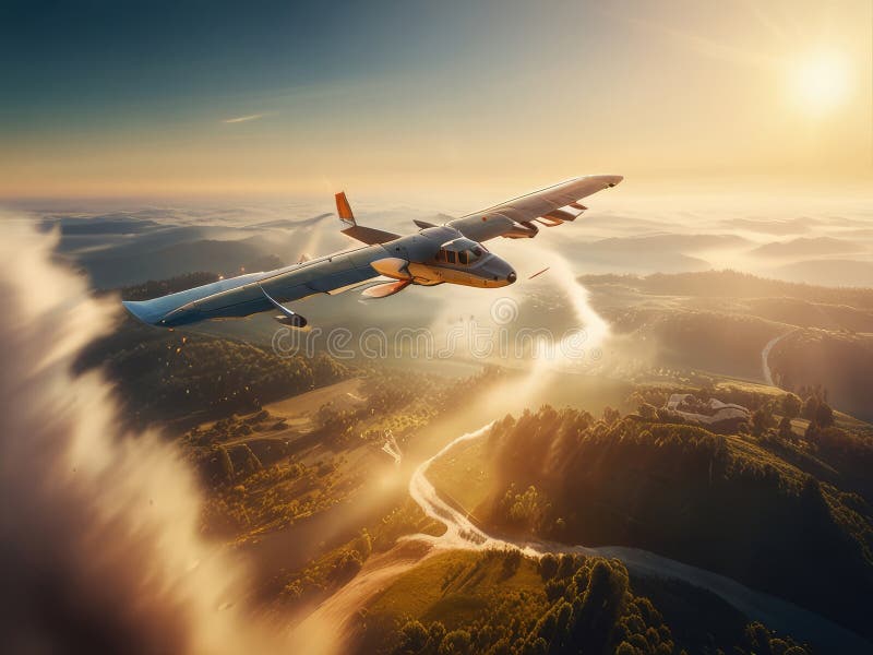 Delivery Plan Flying Over the Land in the Evening Light Stock Photo ...