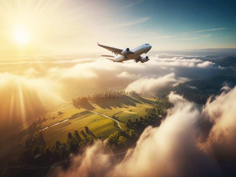 Delivery Plan Flying Over the Land in the Evening Light Stock Photo ...