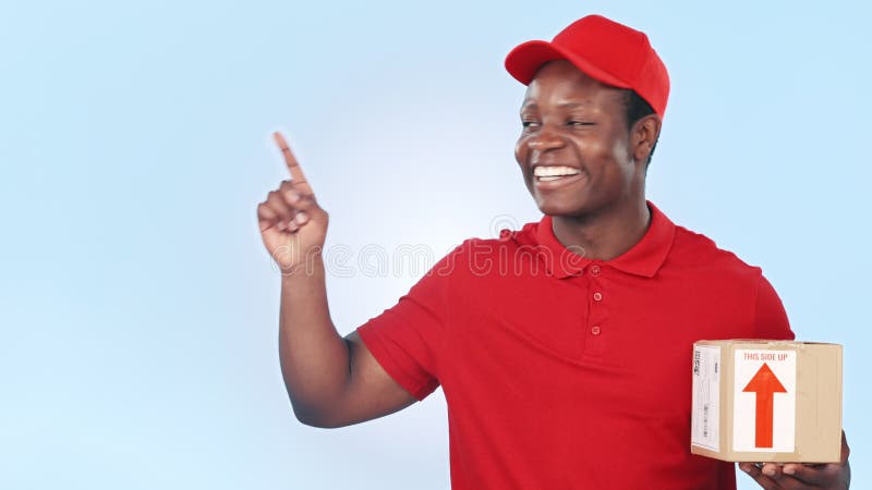 Delivery, Pointing and Face of Black Man with Box, Package and Parcel ...