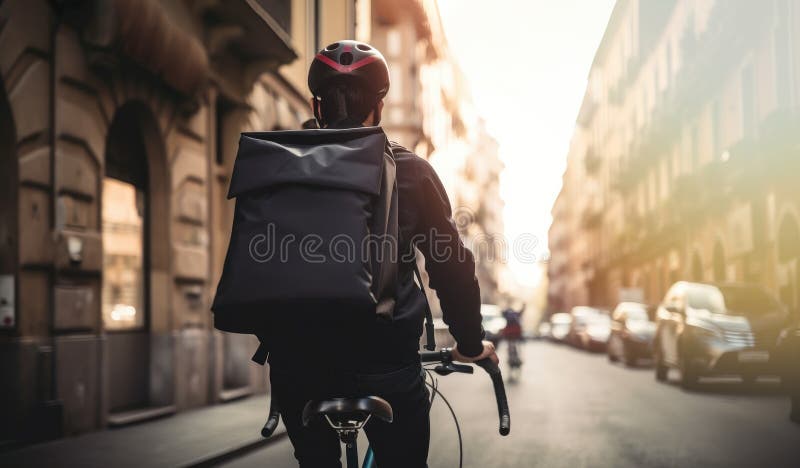 Delivery Rider Riding a Bicycle through the City with His Delivery ...