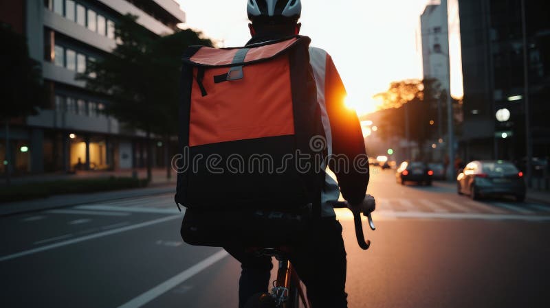 Delivery Rider Riding a Bicycle through the City with His Delivery ...